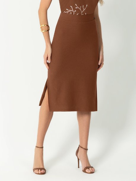 Saia midi com forro e abertura lateral Gris Marrom
