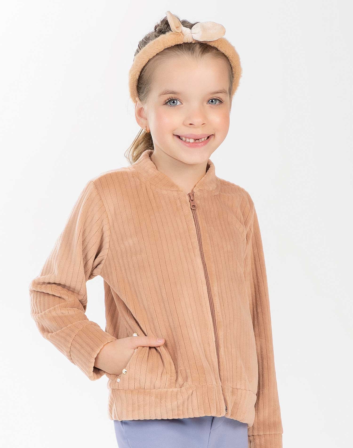 Jaqueta feminina infantil com perolas Cativa kids MARROM (16-1422)